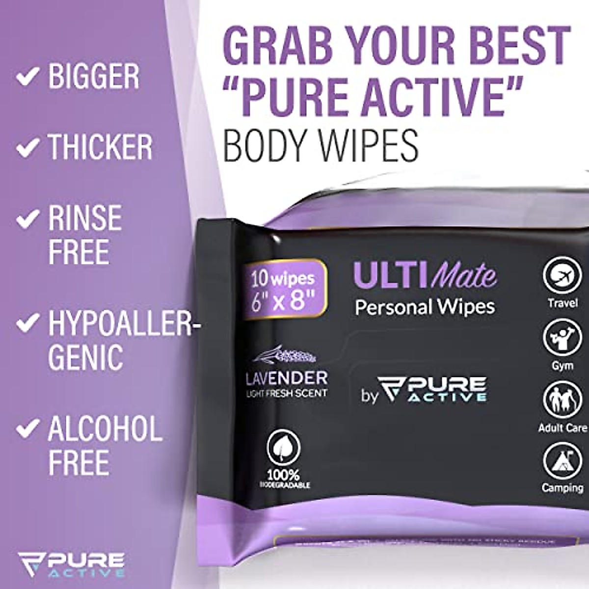 Body Wipes for Women - 12 Pack - 120 Extra Thick Deodorant Wipes - Rinse-Free Lavender Body Wipes - Wet Wipes for Body And Face (120 Wipes 6" x 8", Lavender)