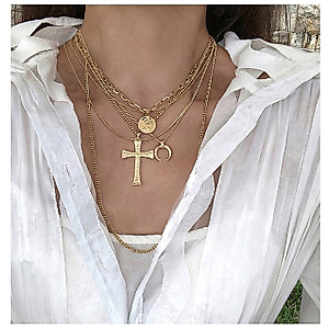 ACC PLANET Gold Layer Necklace Set 6PCS Gold Plated Multilayer Chain Moon Cross Coin Pendant Mother's Day Layered Choker Necklace for Women Gift