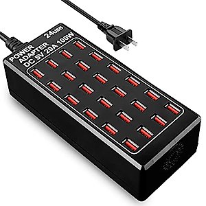 24-Port 100 watt (20 A) USB Charging Station, Home Desktop USB Fast Charger, Multiple USB Desktop Chargers, Suitable for Hotels, Shops, Schools, Shopping malls and Travel