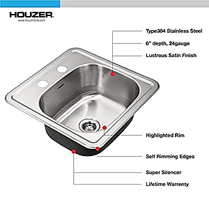 Houzer Stainless Steel 1515-6BS-1 Hospitality Bar Prep Sink - Topmount 15" Single Bowl, 2-Hole, Drop-In Installation, Featuring Corrosion Resistant Stainless Steel, Easy to Clean Satin Finish