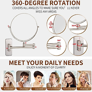 Ci Hua Bathroom MirrorWall, Wall Mounted Makeup Mirror, 8 inch Nickel Finish Rotatable Magnifying Shaving Mirror, Extendable Folding Cosmetic Bathroom Vanity Mirrors
