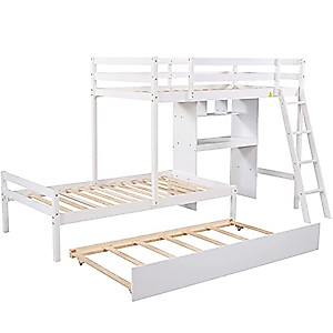 MOEO Twin Over Twin Bunk Bed with Trundle and Ladder for Kids, Adults, Wooden Bunkbed Frame w/Convertible Built-in Desk & Down Bed, Save Space, No Box Spring Required, White