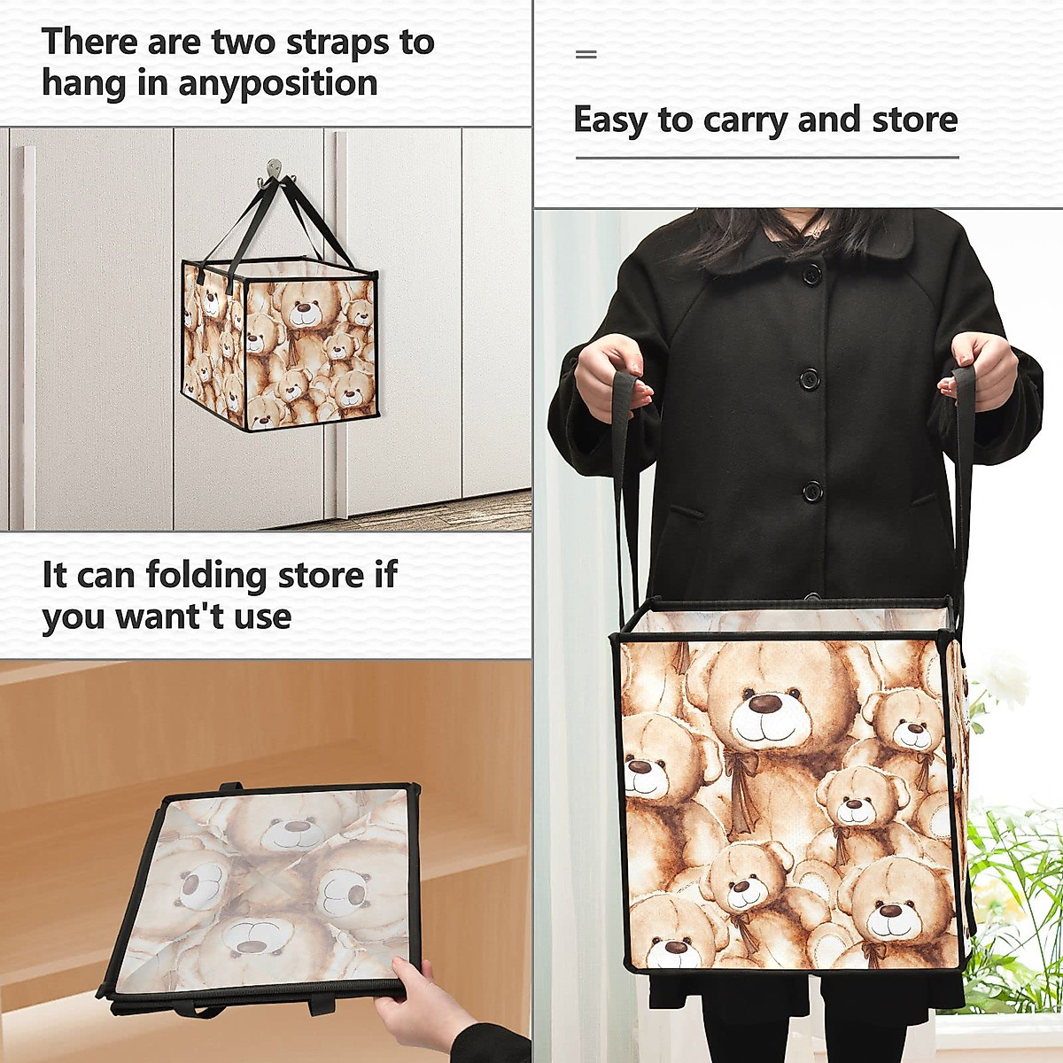 Lovely Teddy Bear Storage Bin Collapsible Toy Storage Basket Cube Laundry Basket Waterproof Nursery Hamper with Handles for Kids Room Nursery Closet Shelf Toys Playroom Decor