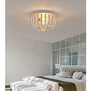 Q&S White Flush Mount Ceiling Light Fixtures,2-Lights Wood Beaded Boho Chandeliers for Nursery Baby Bedroom Dining Room Living Room Kitchen Hallway W11.81