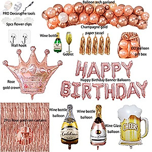 Rose Gold Birthday Party Background Decoration&Balloons Arch Kit,Crown,Rose Gold Happy Birthday Banner,Fringe Curtain,Balloon gift box,Sweet 16 18th 21st 30th Birthday for Women Girls