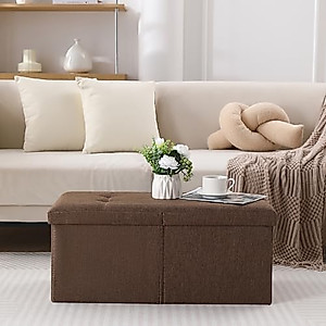 CUYOCA Storage Ottoman Bench Foldable Seat Footrest Shoe Bench End of Bed Storage with Flipping Lid, 75L Storage Space, 30 inches Linen Fabric Brown