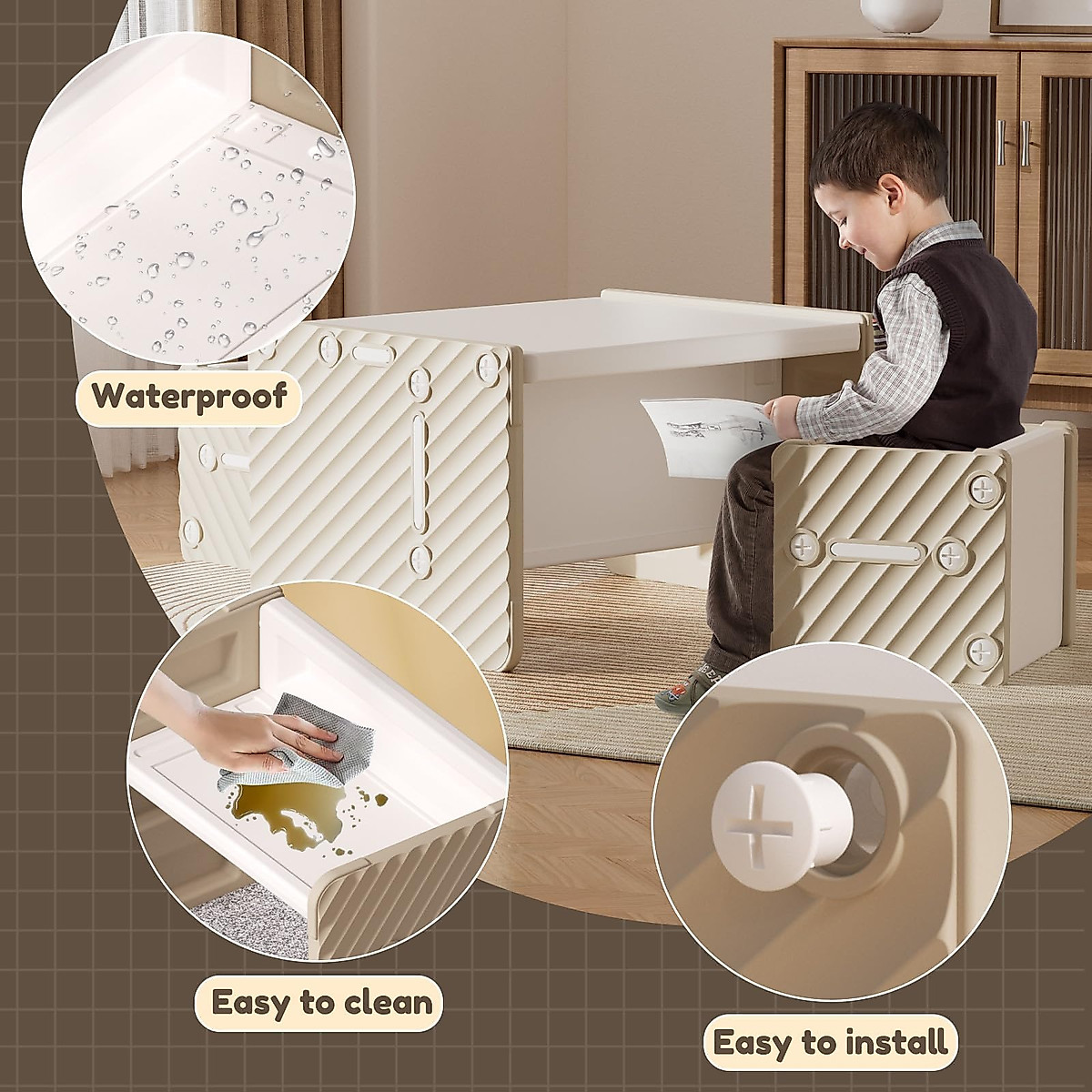 hoopyosms Kids' Table and 2 Chairs Set, 4 in 1 Activity Table for Toddlers Children Learning, Play, Arts, Crafts and Creativity - Children's Furniture for Home, Brown