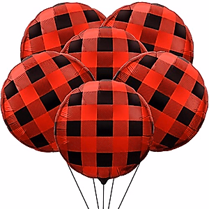 6 Pieces Buffalo Plaid Lumberjack Party Balloons 18 Inches Gingham Mylar Balloons Black and Red Plaid Party Balloons for Christmas Birthday Baby Shower Holiday Decoration