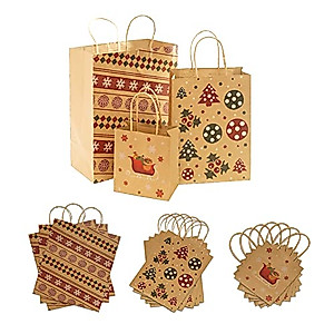 Christmas Gift Bags Assorted Sizes With Handles 15PCS, Reusable Christmas Bags for Gifts, Kraft Paper Gift Bags Small Size, Medium Size, Large Size Holiday Gift Bags, Goody Bags, Party Favor Bags
