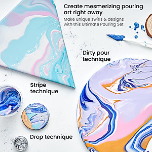 Arteza Acrylic Pouring Paint Kit, 14 Glossy Colors — 8 Pastel & Bright, 3 Iridescent, 3 Metallic, 2 x Stretched Canvas, 2 Wooden Slices, Glitter, and Paint Pouring Accessories, Multicolor,28 Piece Set