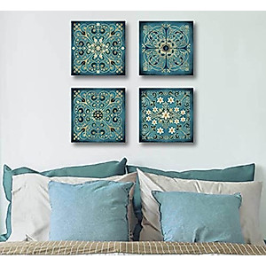 Bathroom art Bedroom decor Canvas wall art Floral pattern Print Bathroom abstract picture Teal bathroom accessories Wall decor Framed artwork Wall art hanging on Living room office 14"x14"x4 Panels