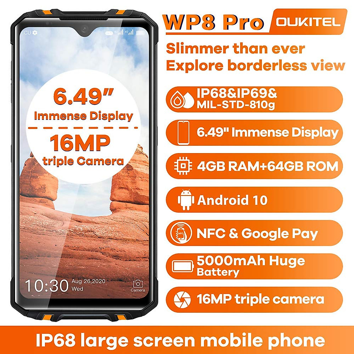 OUKITEL-WP8-Pro Smartphone Fingerprint Rugged Phones - 6.49”Display, 4/64GB Dual SIM IP68 Waterproof Unlocked Cell Phones, 16MP Triple Camera Face ID GPS NFC,US Version,AT&T,Orange