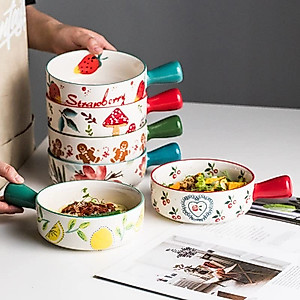 SHIIANN 22 Oz Ceramic Soup Bowl with Handles Set of 2, French Onion Soup Crocks, Porcelain 6 Inch Microwave and Oven Safe Bowls, Cherry hand-painted pattern