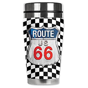 Mugzie Checkered Flag Route 66 Travel Mug with Insulated Wetsuit Cover, 16 oz, Black