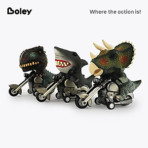 Boley Dinosaur Cars - T-Rex, Triceratops, Rhinoceros, and Shark Rev Up Toy Car for Boys, Girls, and Toddlers - Pull Back Car for Kids Ages 3 and Up