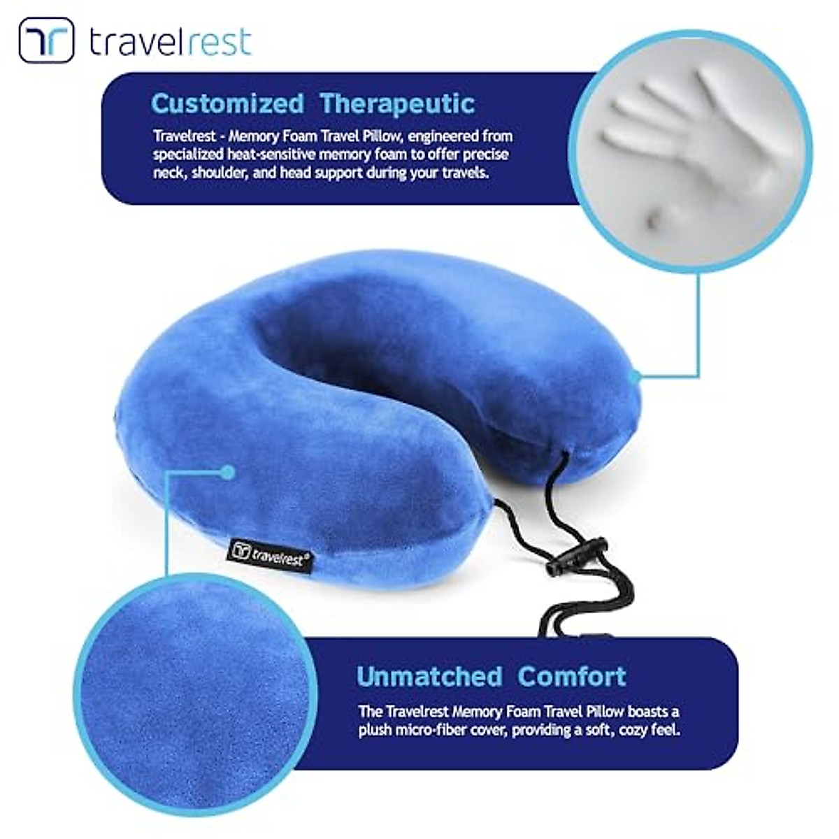 TRAVELREST - Travel & Neck Pillow, Therapeutic Memory Foam, Washable Micro-Fiber Cover, Soft and Comfortable - Head Support for Long Flights, Compact and Ergonommic Design, Attaches to Luggage - Blue