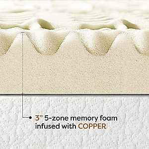 Mellow 3 Inch 5-Zone Memory Foam Mattress Topper, Fresh Copper Infusion, CertiPUR-US Certified, Full