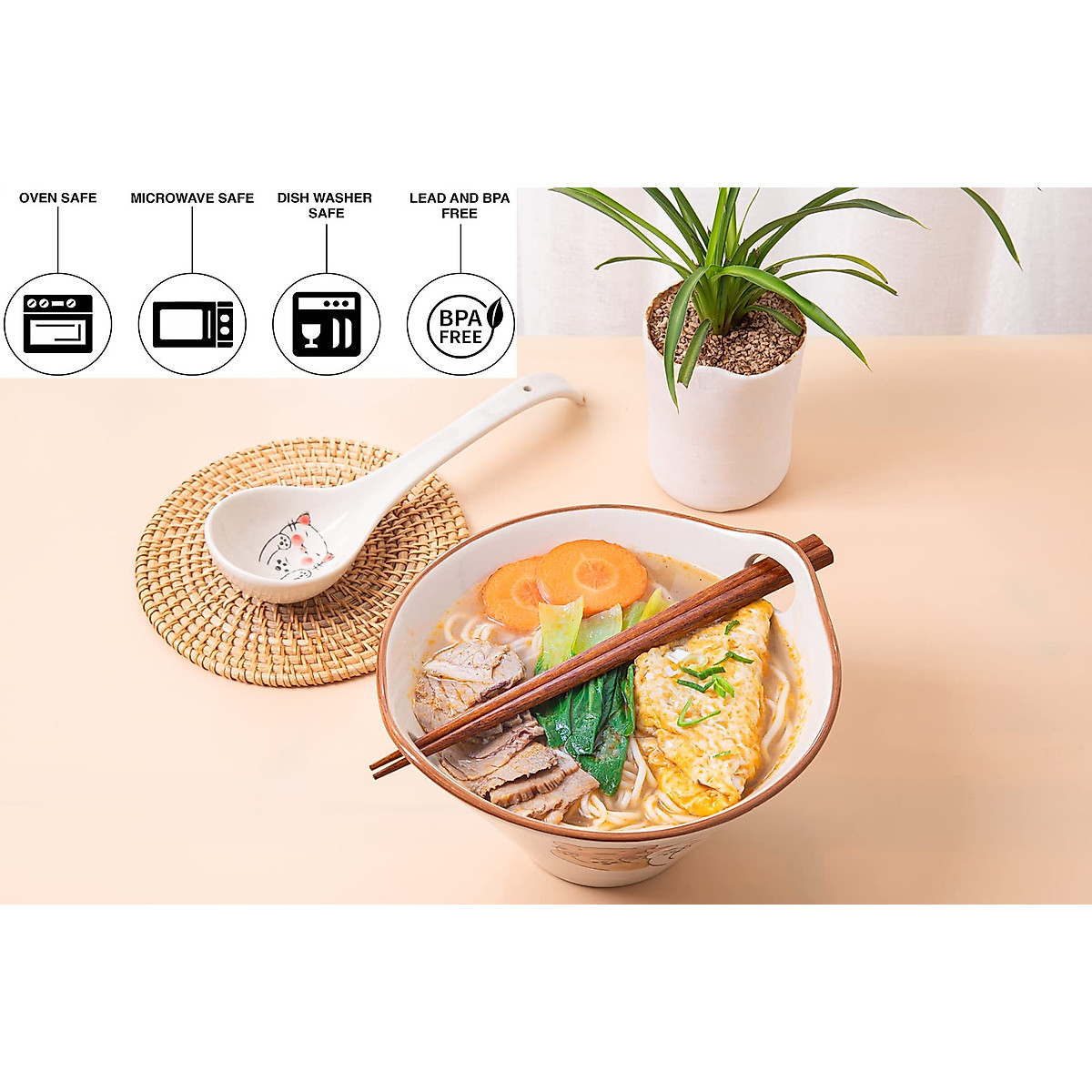 LLDAYU large Ceramic Japanese Ramen Noodle Soup Bowl, 27 Ounce Deep Bowl, with Matching Spoon and Chopsticks for Udon Soba Pho Asian Noodles.Dishwasher & Microwave Safe(Lucky Cat)