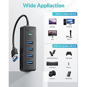 USB Hub, PHIXERO 4-Port 3.0 Hub Multi Port Expander, Fast Data Transfer Splitter for Laptop, Compatible with All Device