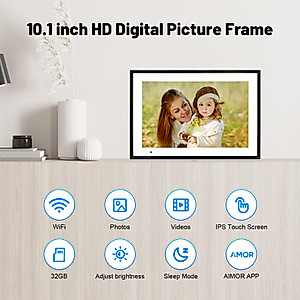 Digital Photo Frame 10.1 Inch WiFi Digital Picture Frame IPS HD Touch Screen Smart Cloud Photo Frame with 16GB Storage, Auto-Rotate, Easy Setup to Share Photos or Videos Remotely via AiMOR APP (Black)