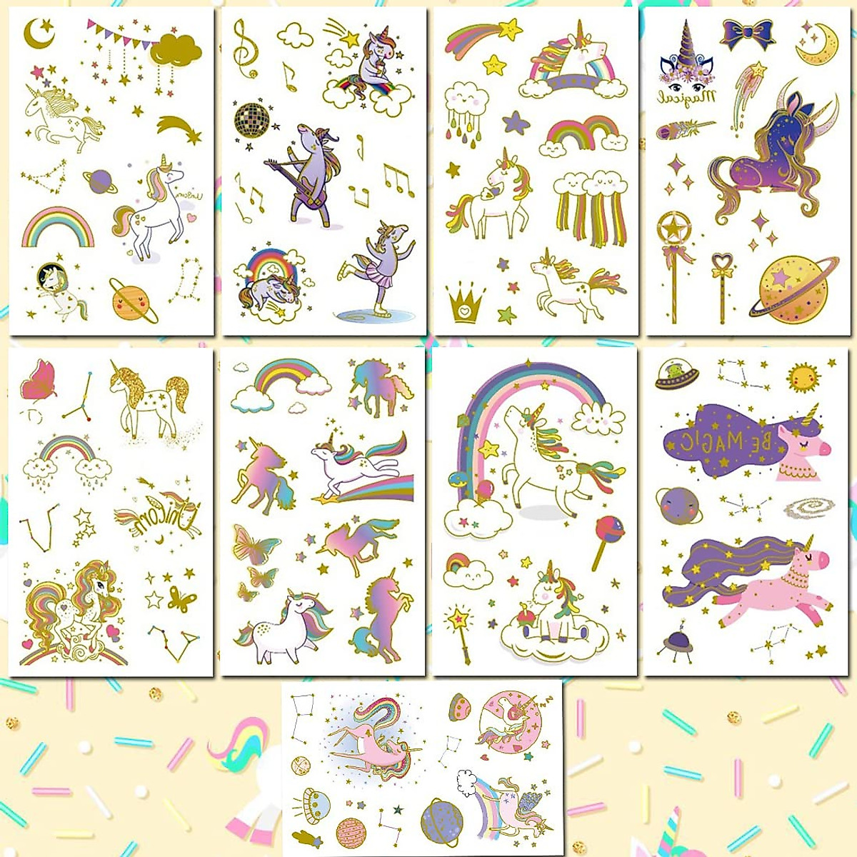 Ooopsiun Glitter Temporary Tattoos for Girls, 9 Sheets Gold Birthday Party Supplies Decorations for Kids, Fake Tattoos Stickers