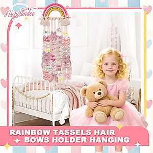 NICROLANDEE Rainbow Tassels Hair Bows Holder Hanging - Baby Hair Accessories Storage Headband Holder Hair Clips Organizer Wall Hanger Decor for Baby Girls Room Ornament (Pink Yellow)