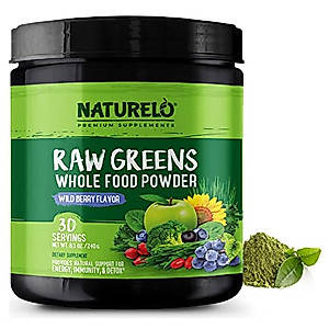 NATURELO Raw Greens Superfood Powder - Wild Berry Flavor - Boost Energy, Detox, Enhance Health - Organic Spirulina - Wheat Grass - Whole Food Nutrition from Fruits & Vegetables - 30 Servings