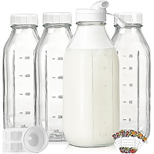 Liter Glass Milk Bottles w Scale, 100% Airtight Heavy Duty Screw Lid - 4 Pack 32 Oz Drinking Jars w Lids - Glass Bottles for Milk, Honey, Jam - Dishwasher Safe(Extra 2 Lids and Stickers)