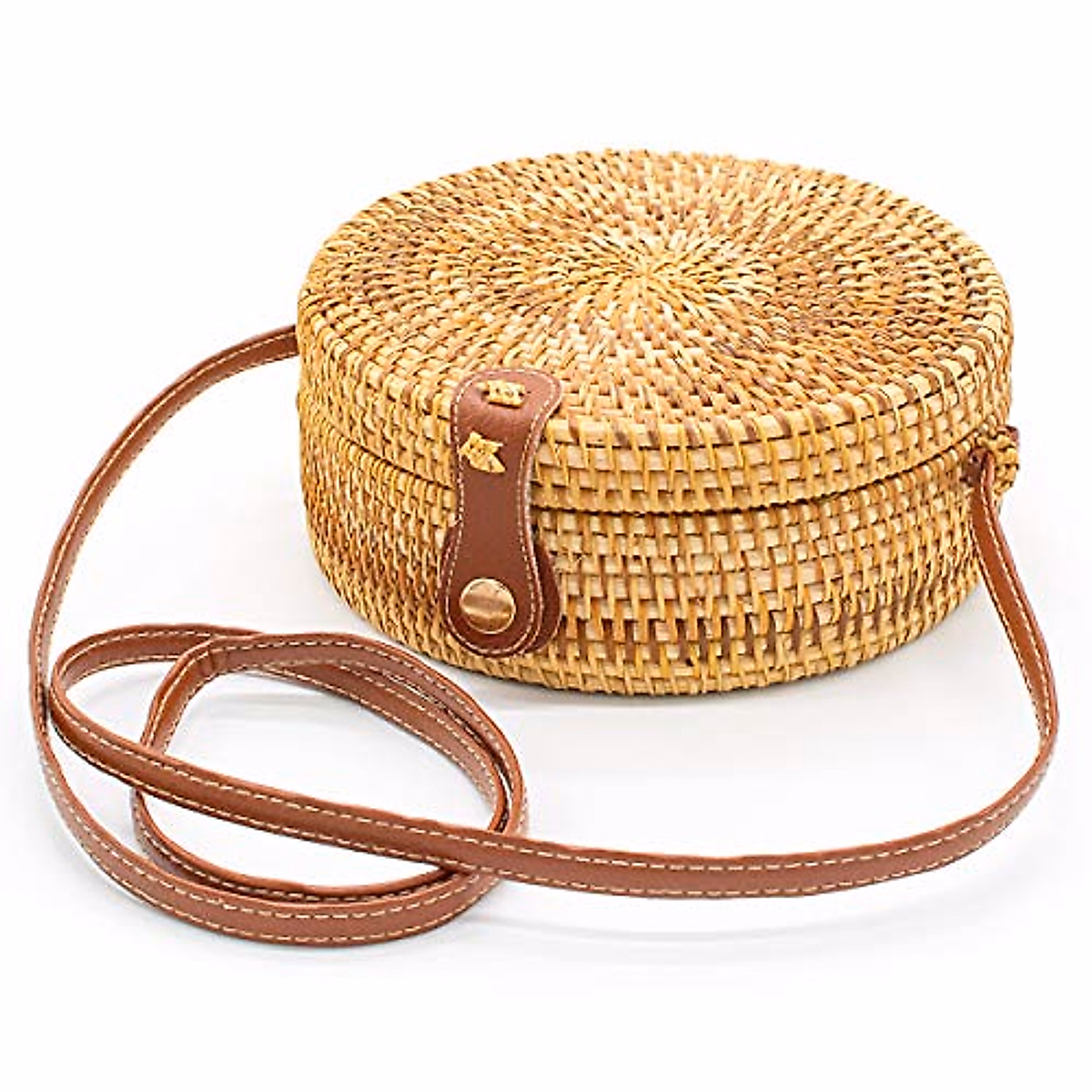 Girl and Cat Handmade Round Straw Rattan Crossbody Bag for Women with Shoulder Leather Strap (Leather buckle)