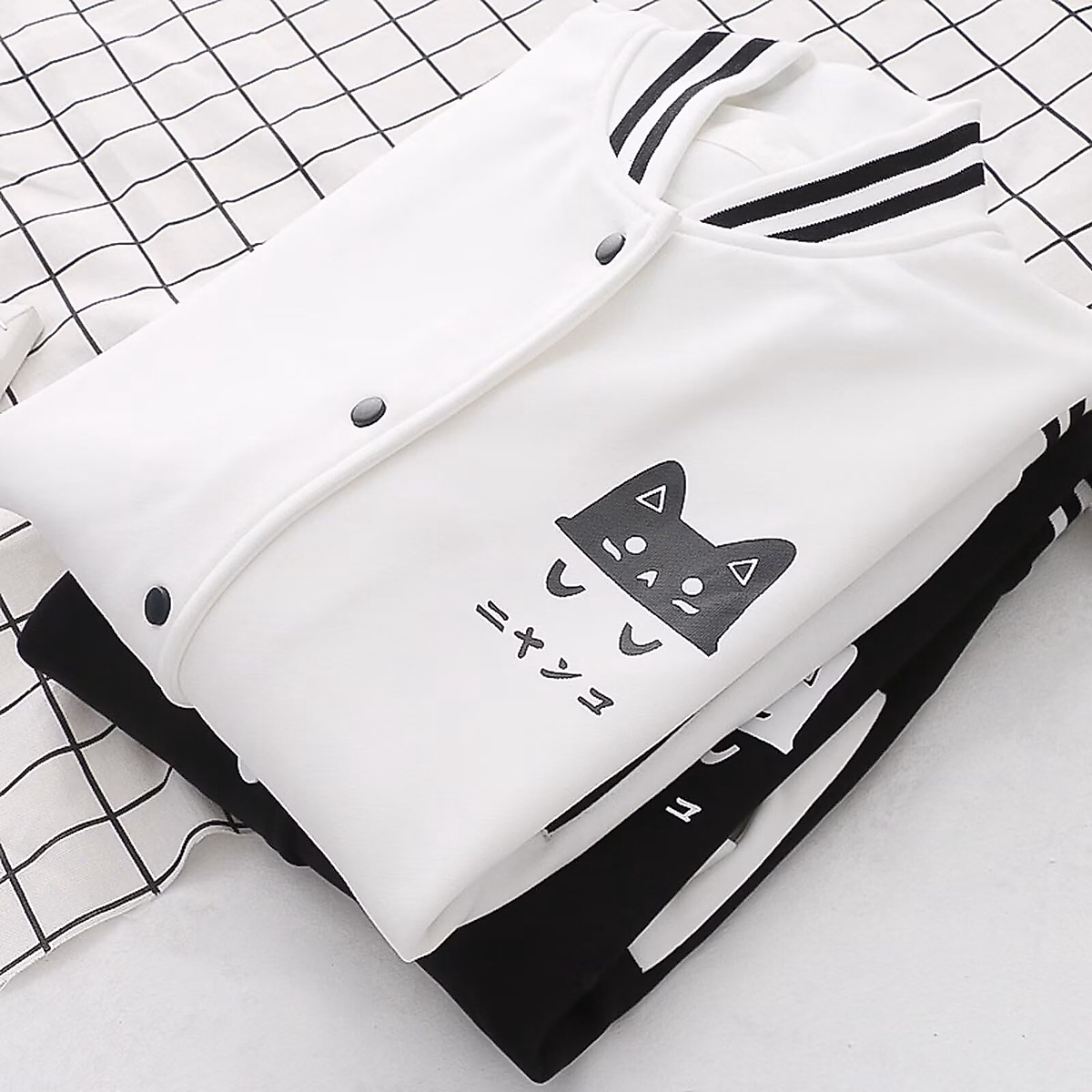 Cute Cat Baseball Jacket Hoodie Long Sleeve Casual Sweatshirt Oversized Kawaii Print Pullover Aesthetic Coat for Girl Black