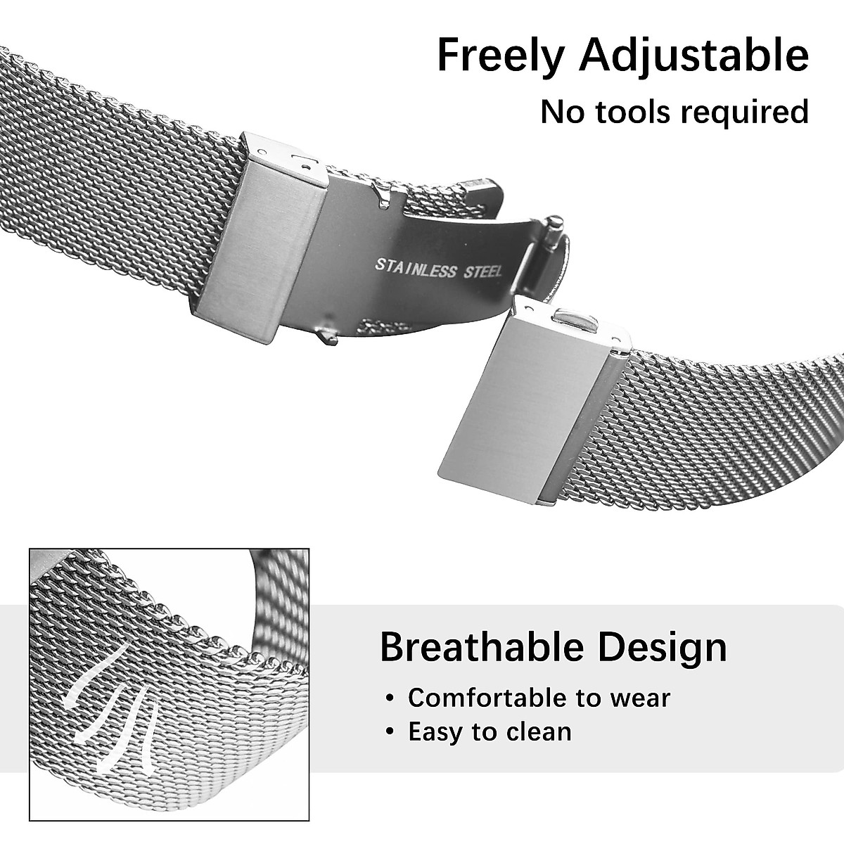 EACHE Stainless steel Mesh watch band for Men Women Quick release Adjustable Mesh Watch Straps 18mm Silver