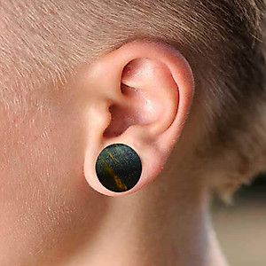 Pair of Natural Blue Tiger Eye Stone Saddle Plug Double Flare Ear Lobe Plugs (1" (25mm))