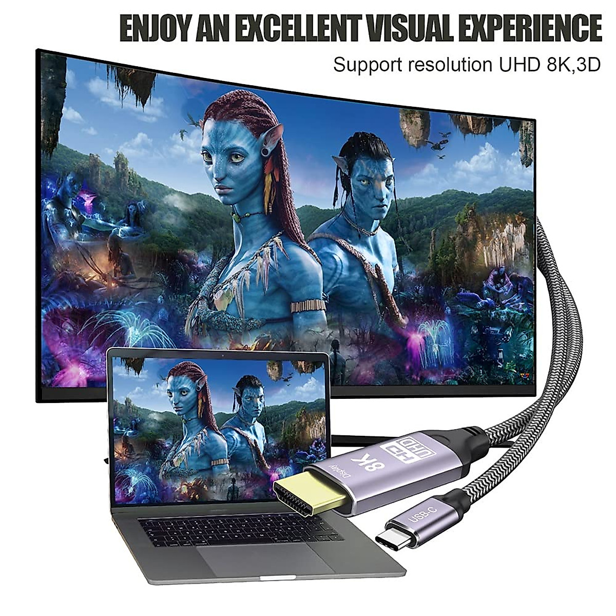 Angusplay 8K USB C to HDMI Cable 6.6ft Adapter Cord Support 4K 120Hz 8K 30Hz, Directional USB-C to HDMI Cable 2.1 Compatible with Thunderbolt 3