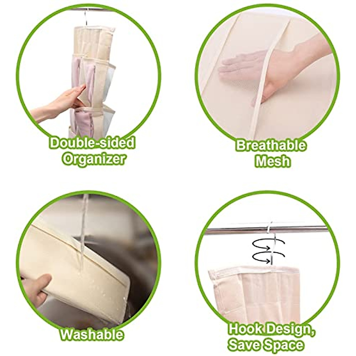 LCXPEI Closet Hanging Organizer Mesh Pockets and Rotating Metal Hanger, Oxford Cloth Space Saver Bag, Dual-Sided Hanging Storage Organiser for Underwear, Panties ,Bra and Sock(Beige, Expand 5+10 Pockets)