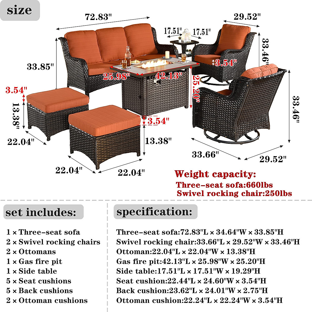 Patio Furniture Set 7 Pieces Swivel Rocking Chairs with 50,000 BTU Propane Fire Pit Table Outdoor Wicker Conversation Sofa Couch and Matching Side Table and Ottomans,Brown Wicker Orange Red