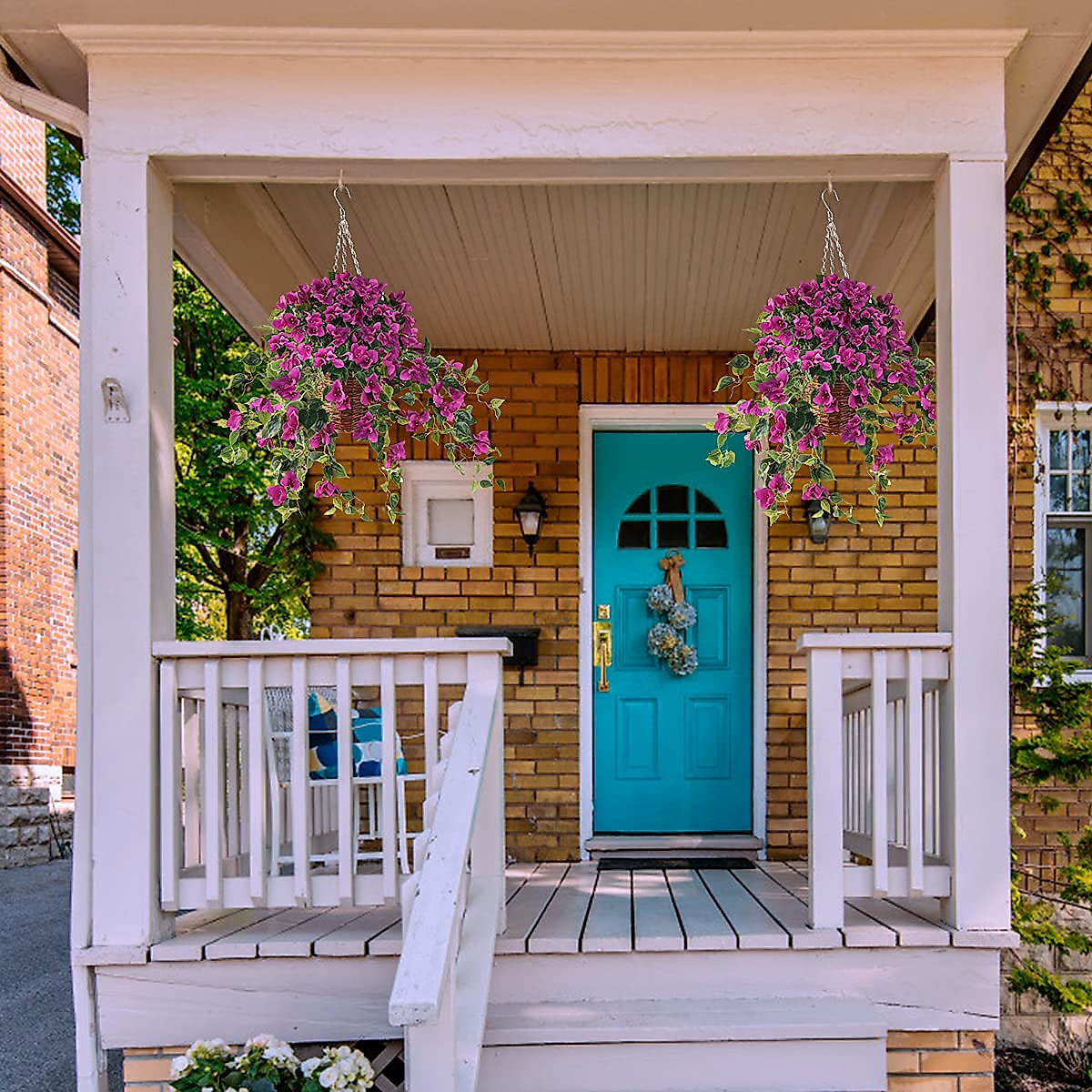 INQCMY Artificial Flowers Hanging Basket with 4 Branches Bougain Villea Silk Vine Flowers for Patio Lawn Decor,Artificial Hanging Plant in Coconut Lining Basket for Outdoor Indoor(Purple)