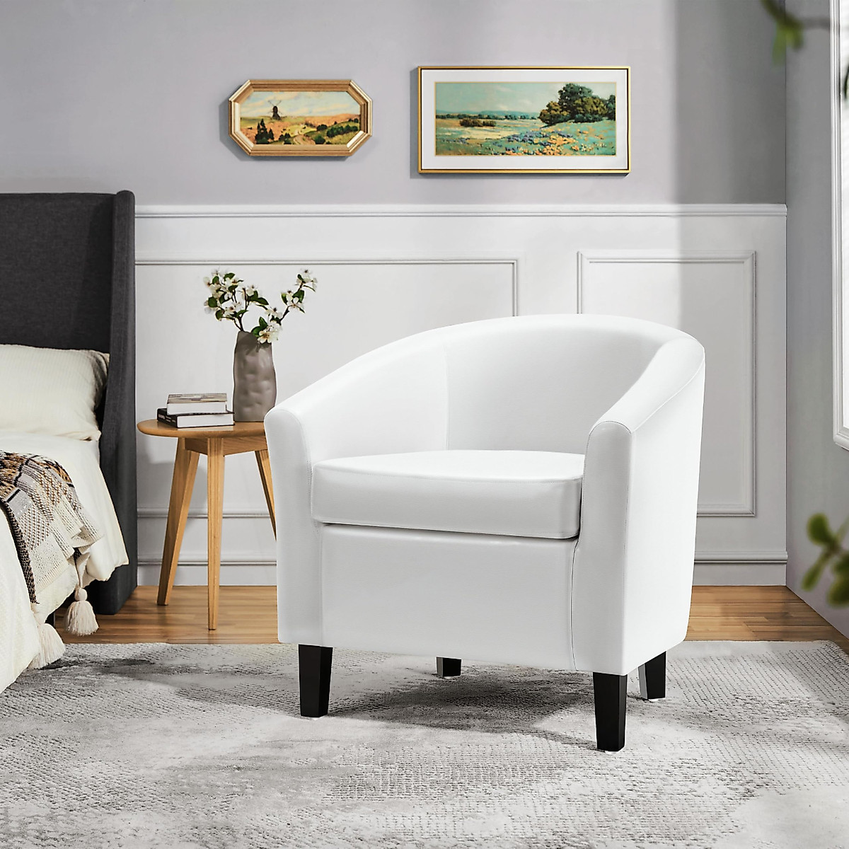 Yaheetech White Leather Chair, Faux Leather Accent Chair, Modern Barrel Chair Comfy Club Chair with Soft Padded and Solid Legs for Living Room Bedroom Reception Room, White