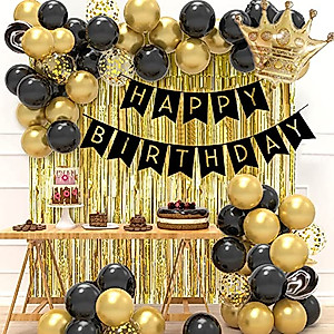 Black Gold Birthday Party Decoration Set, Including Happy Birthday Banner, Balloons, Metallic Fringe Curtain, Flower Pompoms, Golden Crown, Suit Perfect For Girls or Boys, Men or Women Birthday Party