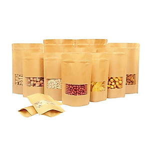 Kraft Paper Bags With Matt Window And Zip Lock Decorative Brown Heavy Duty Heat Seal Recycled Resealable Mylar Stand Up Pouches Bags Sealable For DIY Food Snack Cookies Candy Coffee (4x6+2.4inch)