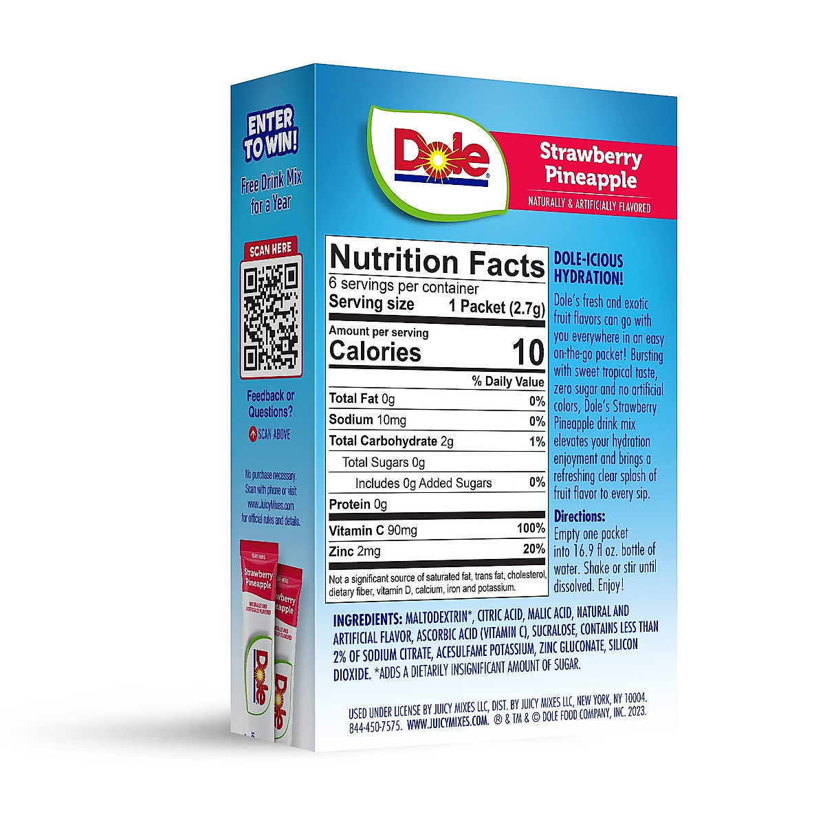 Juicy Mixes Strawberry Pineapple Dole- Powder Drink Mix - Sugar Free & Delicious, Makes 72 Flavored Water Beverages