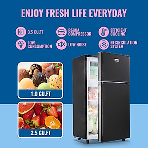 WANAI Double Door Small Refrigerator with Freezer-on-top, 3.5 Cubic Feet Mini Fridge with 7-Level Adjustable Thermostat for Office, Dorm, Bedroom, Home and Apartment, Black