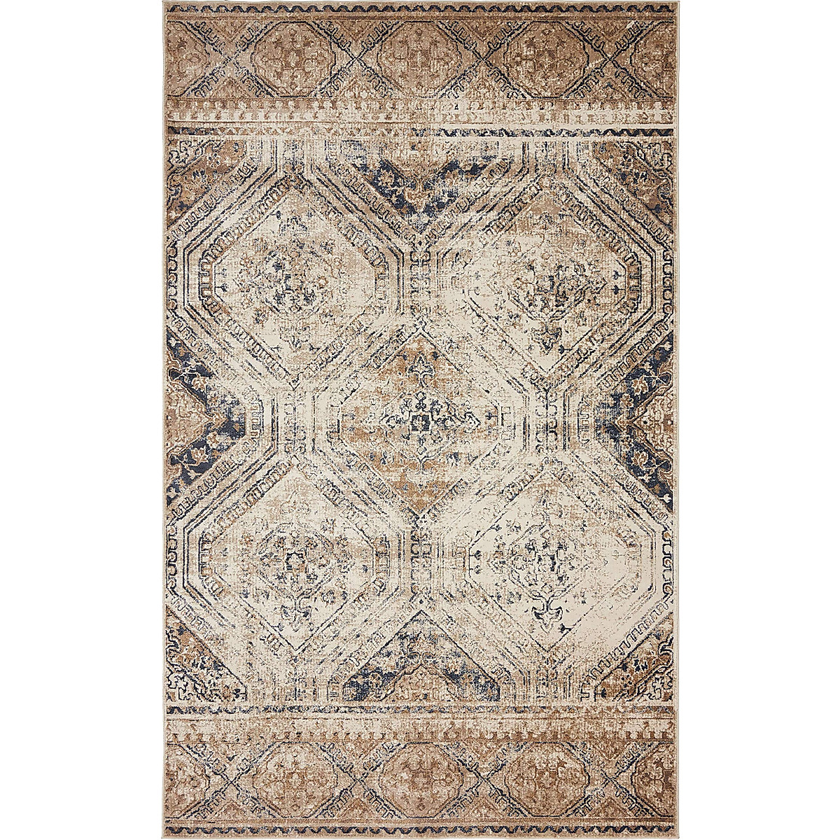 Unique Loom Chateau Collection Geometric, Vintage, Textured, Distressed, Traditional Area Rug, 5' 0" x 8' 0", Beige/Navy Blue