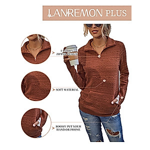 LANREMON Women Long Sleeve Sweatshirt Fashion Quilted Pattern Plain Zipper Pullover Sweatshirts Tops with Pockets