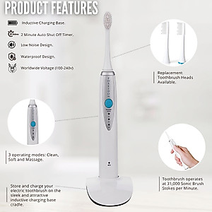 ToiletTree Products Poseidon Rechargeable Sonic Toothbrush with Inductive Charger and 3 Replacement Brush Heads for Multiple Users