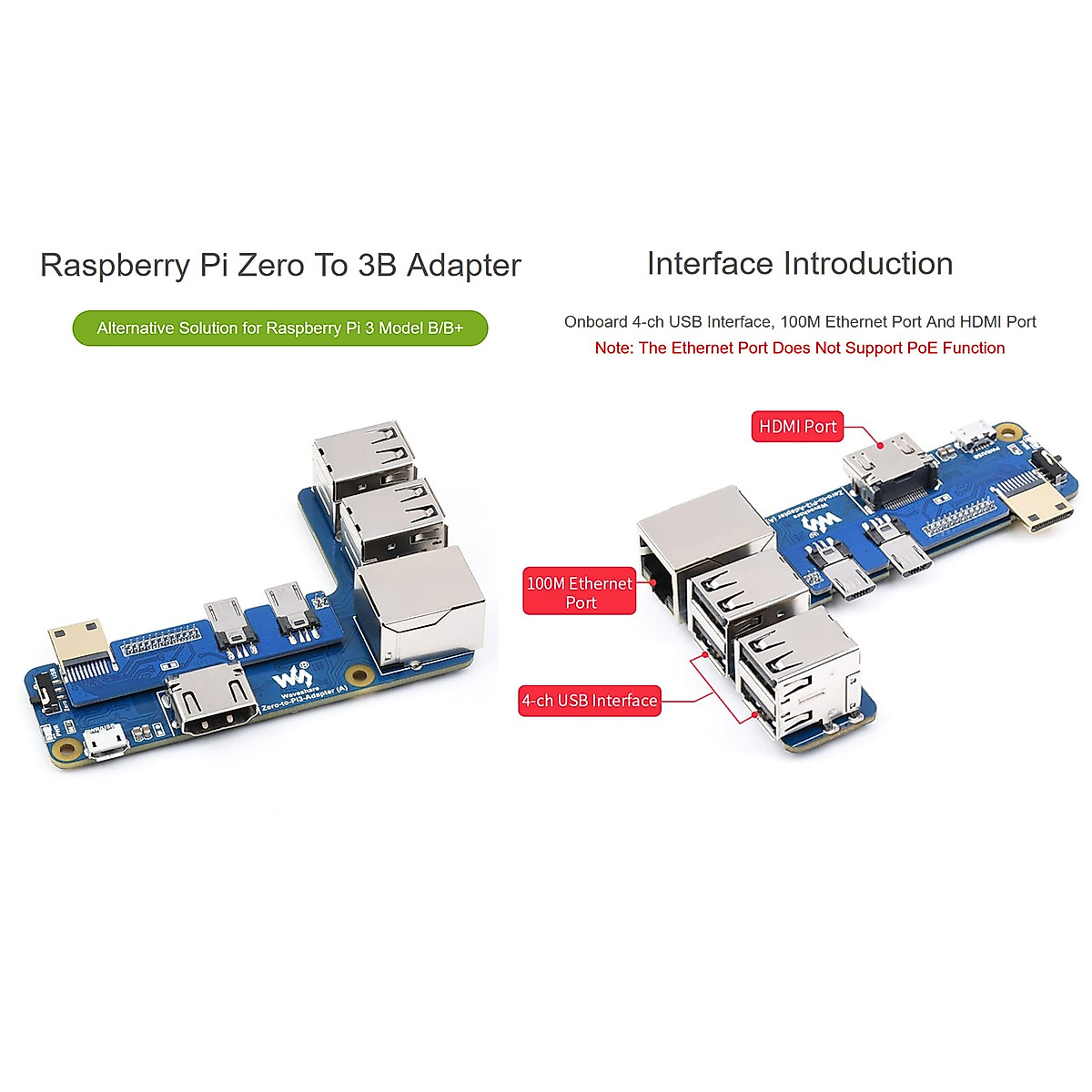 waveshare Pi Zero to Raspberry Pi 3 Model B/B+ Adapter, Onboard 4-CH USB Interface, 100M Ethernet Port and HDMI Port, Alternative for Raspberry Pi 3B/B+, Support Pi Zero and Zero 2W