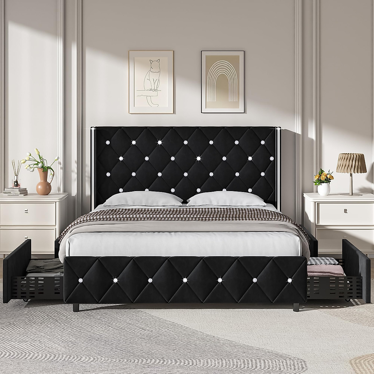 HOMBCK Queen Bed Frame with 4 Storage Drawers,Upholstered Bed Frame with Diamond Headboard and Footboard, Black Velvet Bed Frame with Wingback, Solid Wood Slats, Black
