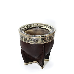 Mate Argentino Imperial Premium Leather Wrapped Handmade Engraving With Alpaca Yerba Mate Gourd (Mate cup) with Bombilla de Alpaca (Alpaca Yerba Mate straw) (Black)
