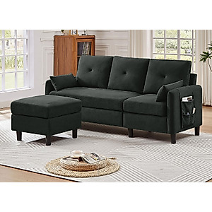Tornama Convertible Sectional Sofa Couch 3 Seat L Shaped Sofa with Pillows, 77" Linen Fabric Small Couch with Reversible Chaise and Side Pockets for Living Room, Apartment and Office, Black