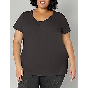 JUST MY SIZE womens Slub Jersey Short Sleeve Shirred V-neck T-shirt fashion t shirts, Black, 2X US