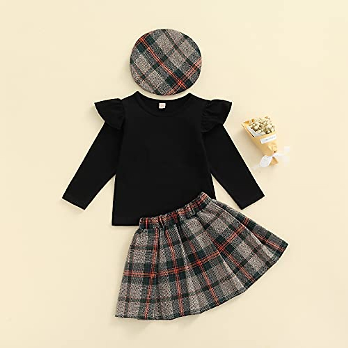 WYOUKID 1-6T Toddler Baby Girls Autumn Outfit Long Sleeve Shirt Tops+Plaid A-Line Skirt+Hat 3Pcs Spring Winter Clothing (Black, 4-5T), WYOUKID-Baby-20